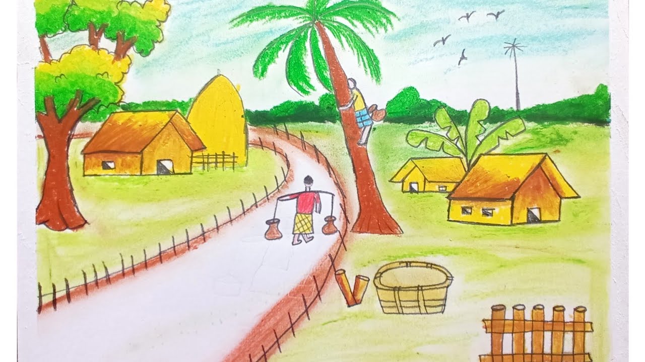 winter season drawing for kids || village drawing || village winter ...