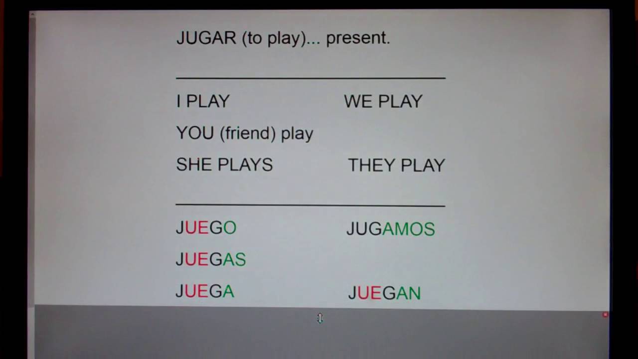 JUGAR (to Play) present forms: juego, juegas, juega, jugamos, juegan ...