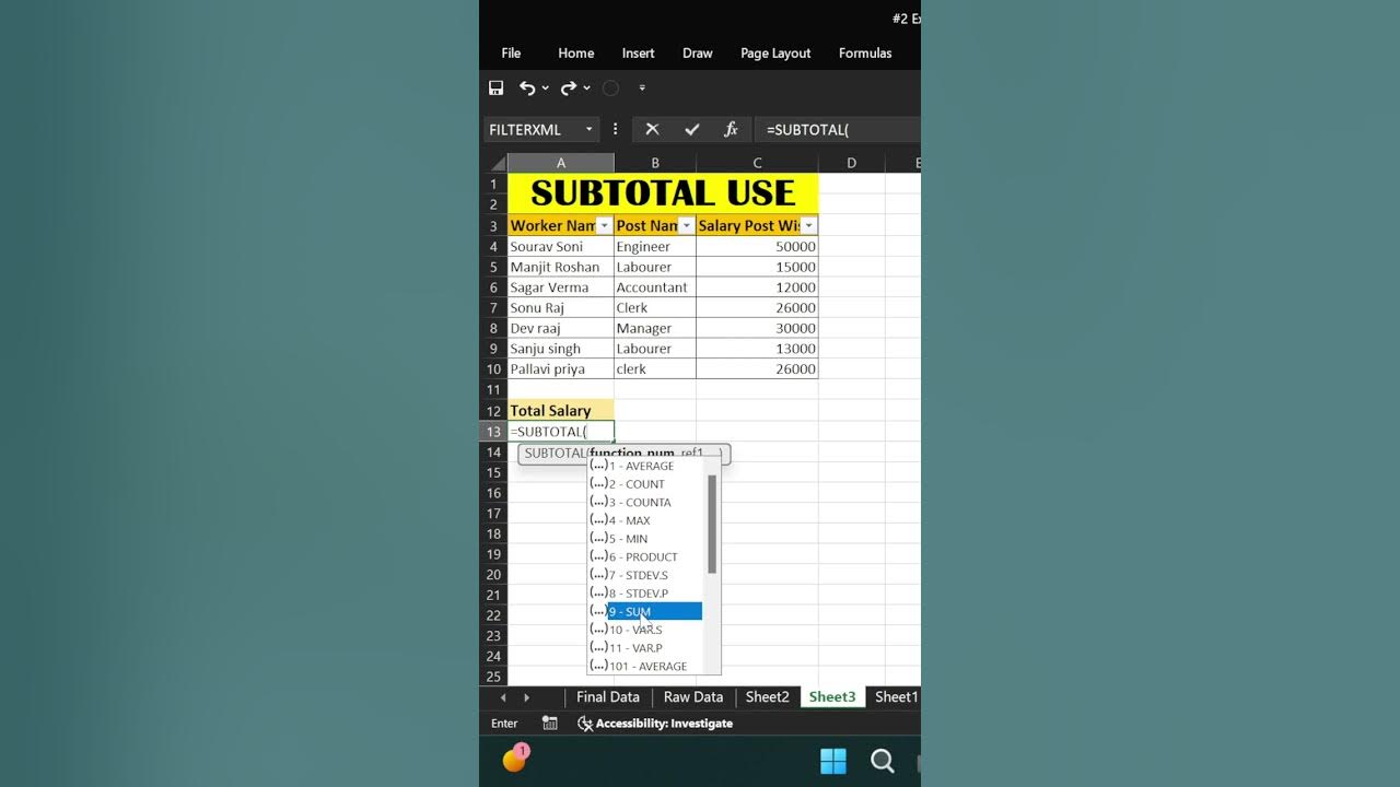 | Excel subtotal formula | excel advance formula viral shorts excel tips tricks subtotal - YouTube
