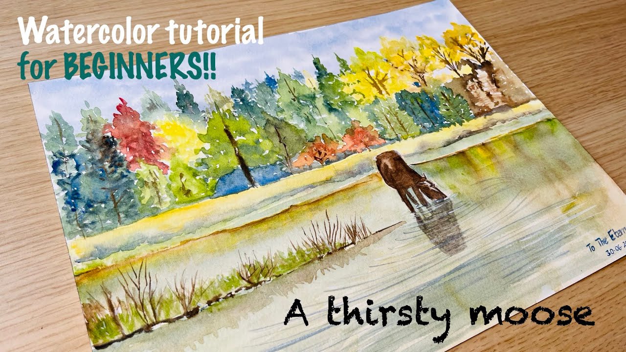 BEGINNERS Watercolor tutorial » Moose drinking water in forest 🌳 | Fall ...