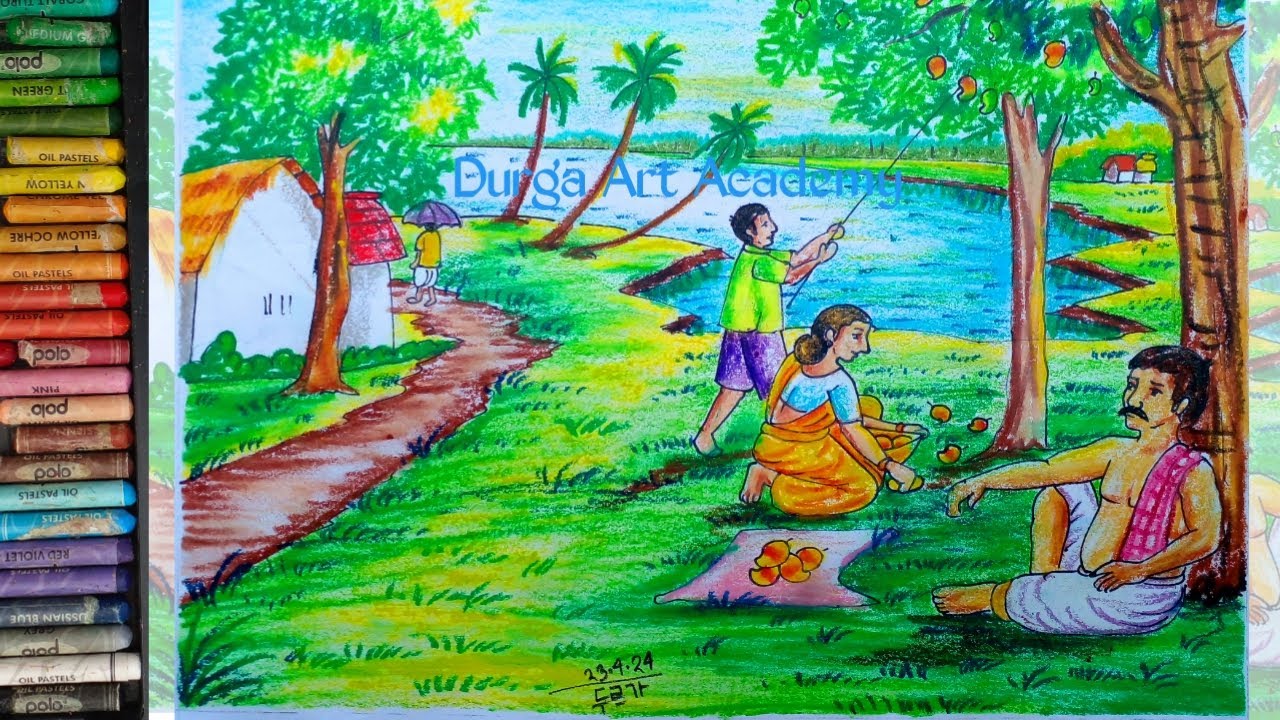 Summer Season Drawing/ Indian Village Scenery Drawing/ Durga Art ...