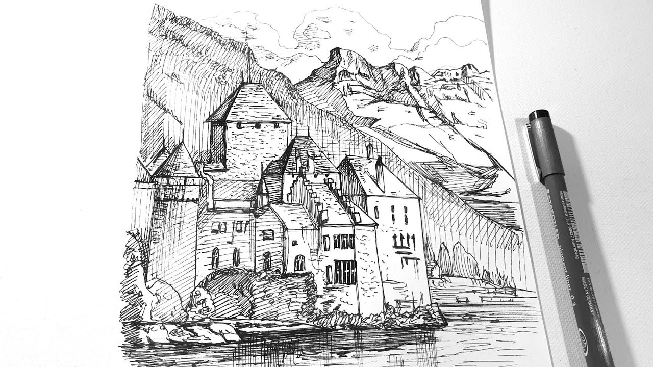 Chillon Castle, Veytaux - pen drawing - YouTube