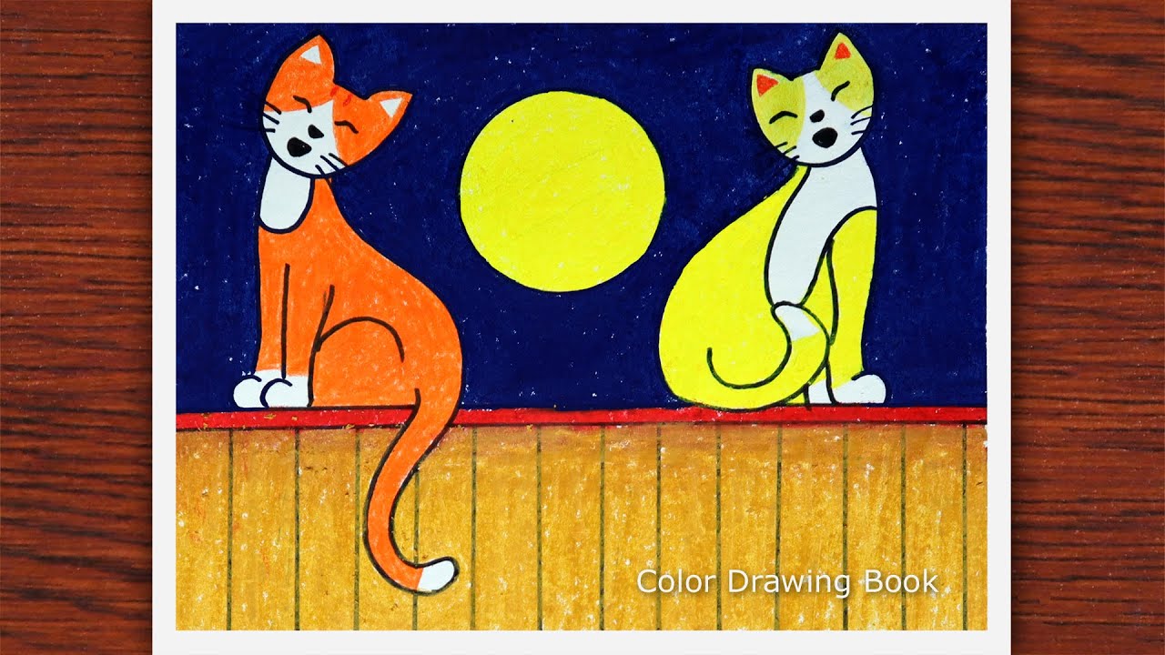 How to draw cats scenery, Easy scenery drawing, moonlight drawing - YouTube