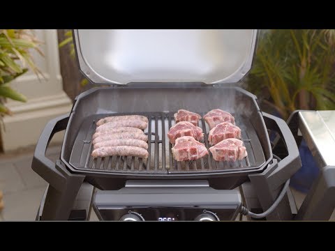 Traditional chops and sausage on Weber Pulse Electric Barbecue