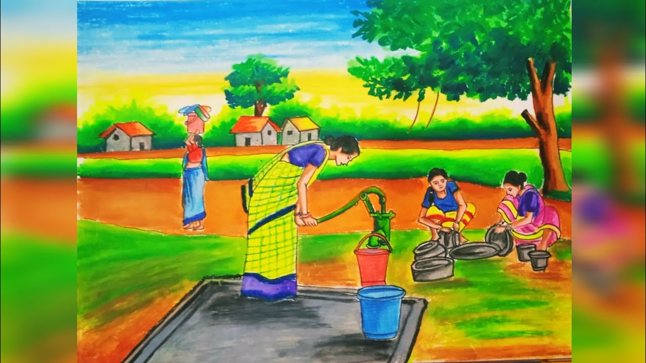 EASY SCENERY DRAWING WITH HUMAN FIGURE/NATURE DRAWING/VILLAGE LANDSCAPE ...