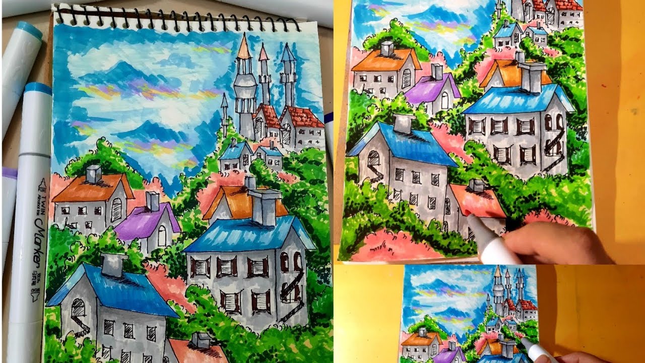 Painting a scenery with pen and marker 🎨🖌️ - YouTube