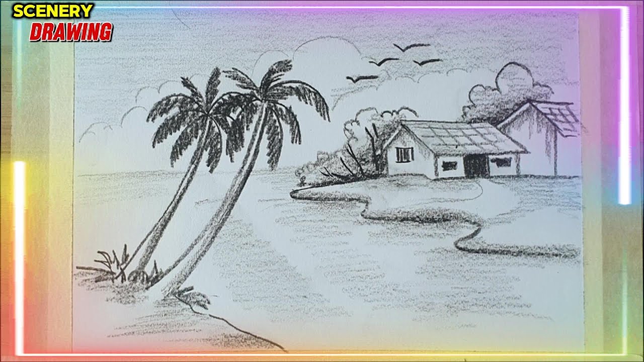 Drawing a peaceful countryside scene step by step for beginers ...
