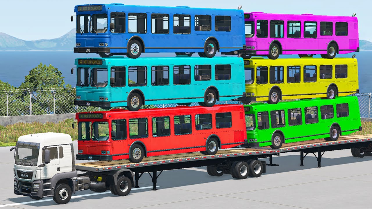 Bus Transportation with Truck and Double Flatbed Trailer - Buses vs ...