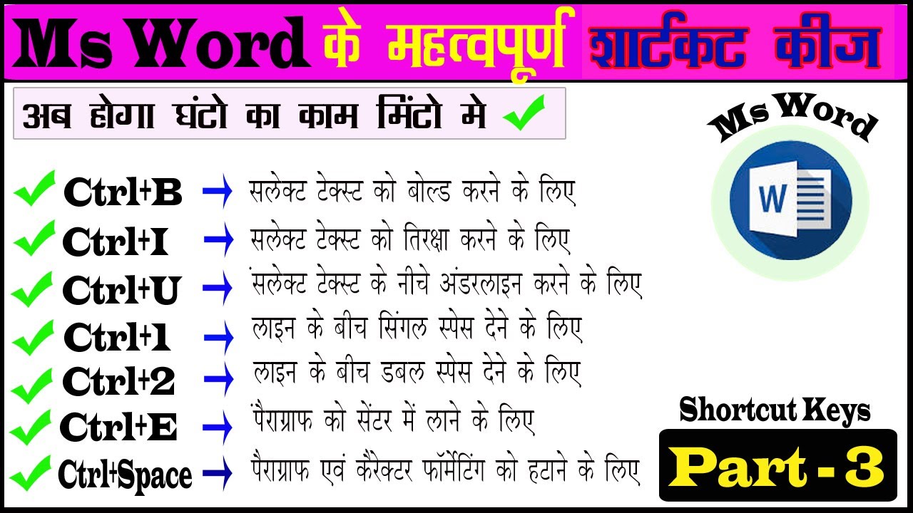 Ms Word A to Z Shortcut keys in Hindi | All Shortcuts Keys in Ms Word ...