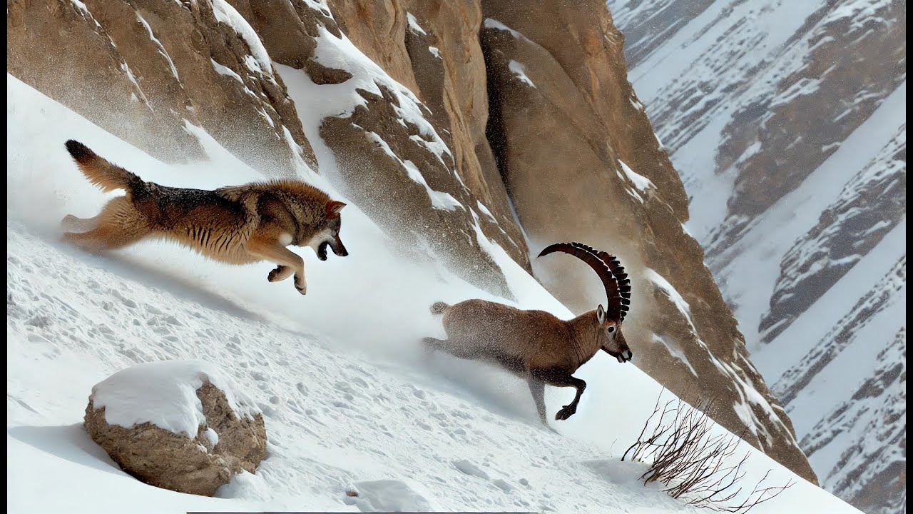 Intense Chase: Wolf Hunts Mountain Goat on Snowy Cliffs - Ultimate ...