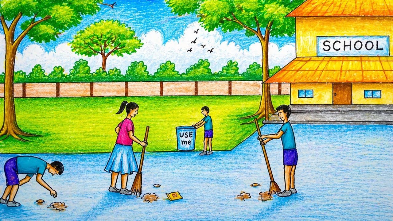 আমাদের বিদ্যালয় আঁকা | School cleaning scenery drawing | How to draw a ...