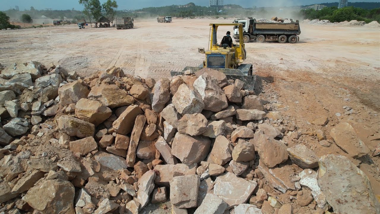 Amazing Land Reclamation Construction Bulldozer Pushes Rock, Dump Truck ...