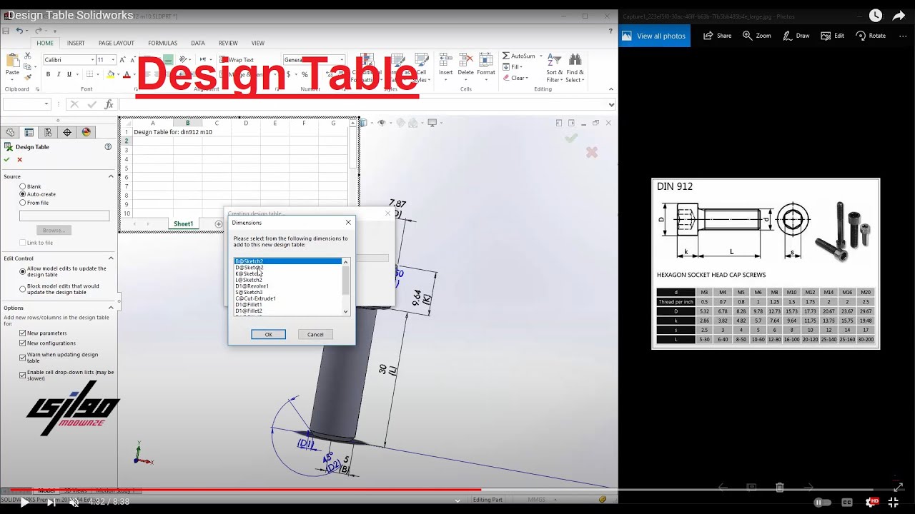 Design Table Solidworks تصميم منتج من خلال شيت اكسيل ببرنامج السوليد ...