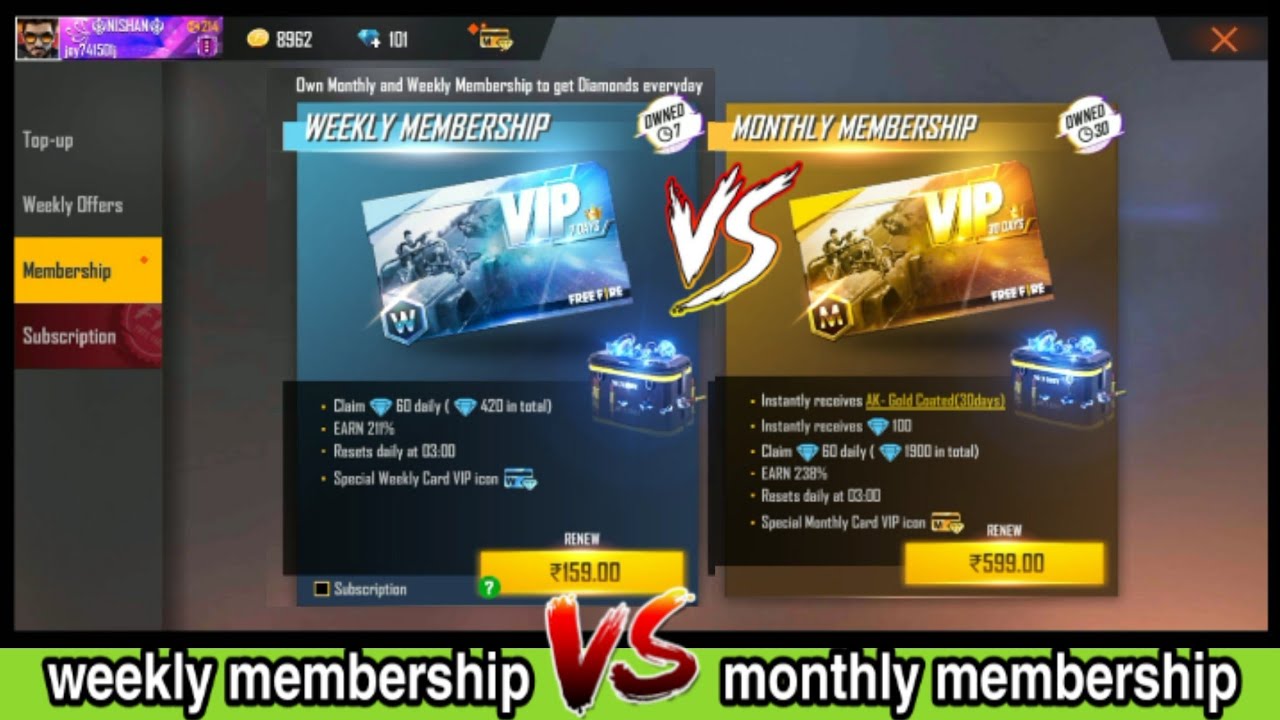 Freefire weekly membership VS monthly membership which is the best 🤔🤔🤔 ...