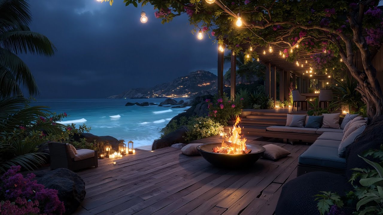 Restful Coastal Night Ambience | Ocean Waves with Fireplace Crackling ...