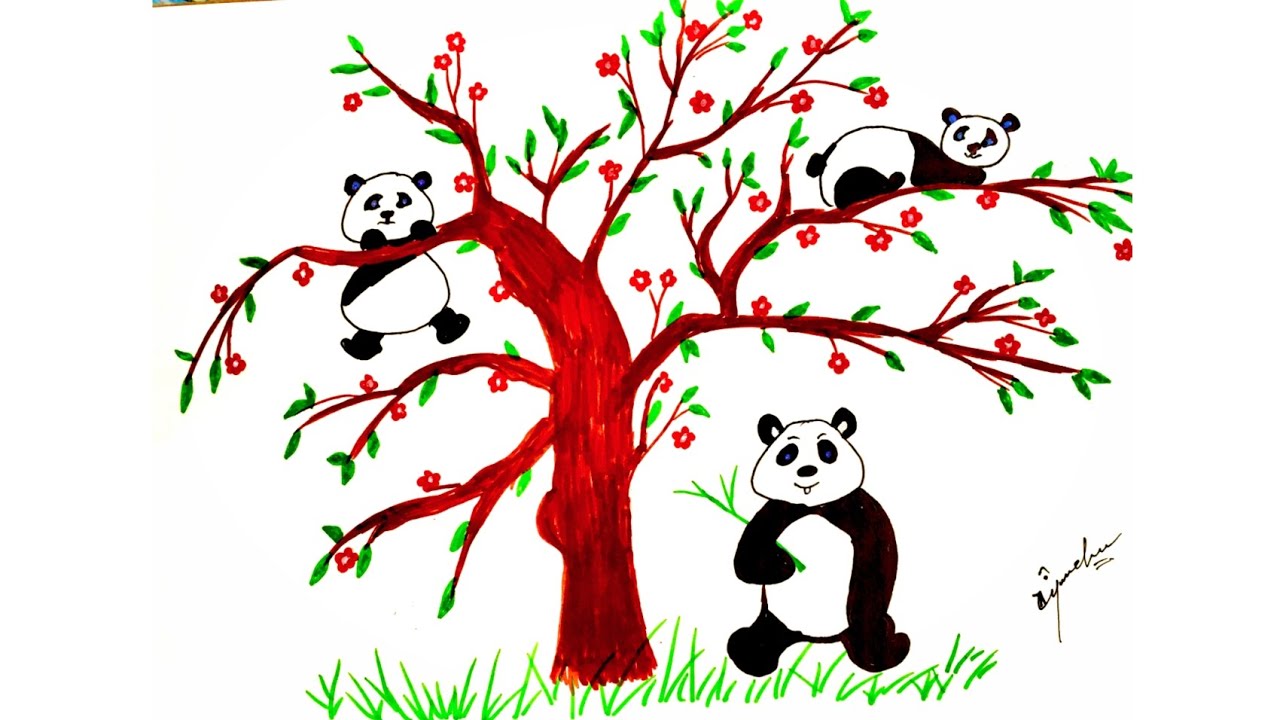 Panda on tree drawing /panda Hanging on tree / @hahadrawings # ...