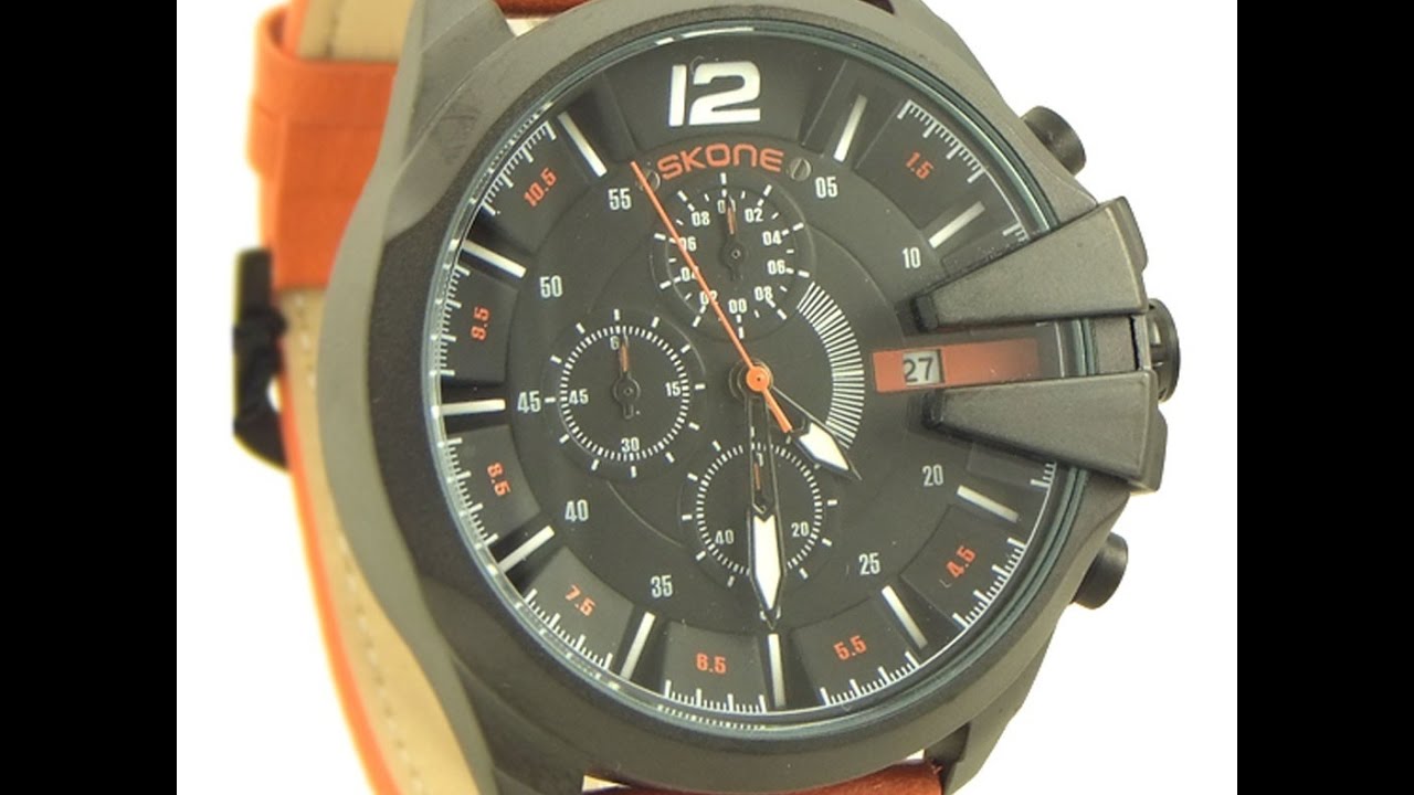 Skone Men's 9430E-1 'Gage' Luggage Leather Chronograph Watch black and ...