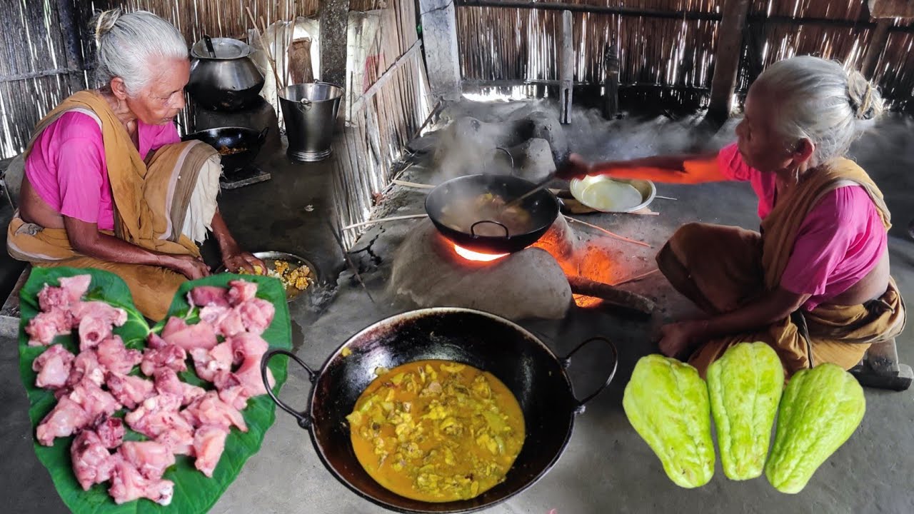 How Very old grandmother cooking & eating chicken curry recipe | Indian ...