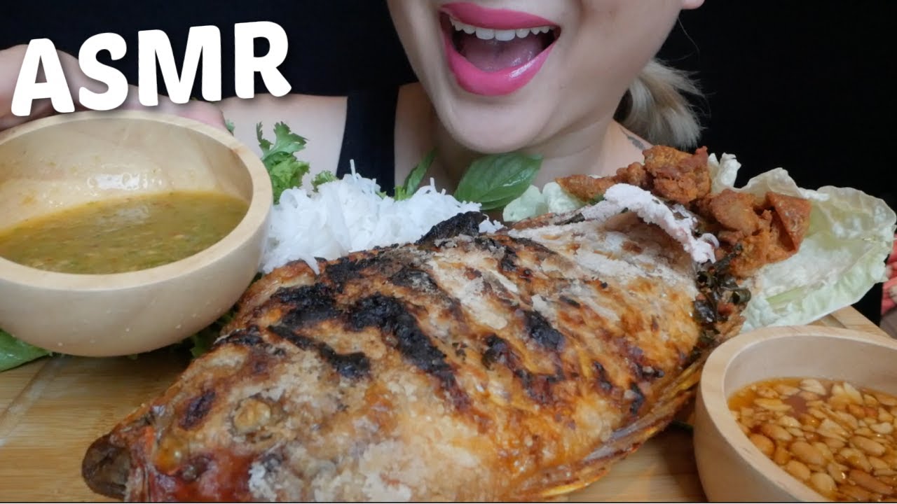 ASMR *GIANT Thai Grilled Fish Pla Pao ปลาเผา Relaxing Eating sounds | N ...
