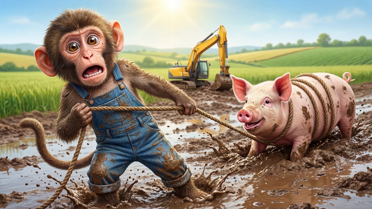 Pig Stuck in Mud Puddle… Monkey Farmer’s Genius Rescue Will Melt Your ...
