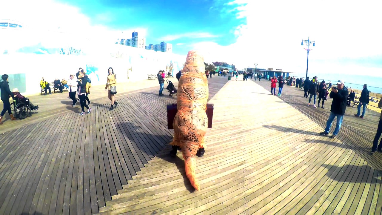 Man in T-Rex Costume Takes to Coney Island Boardwalk - YouTube