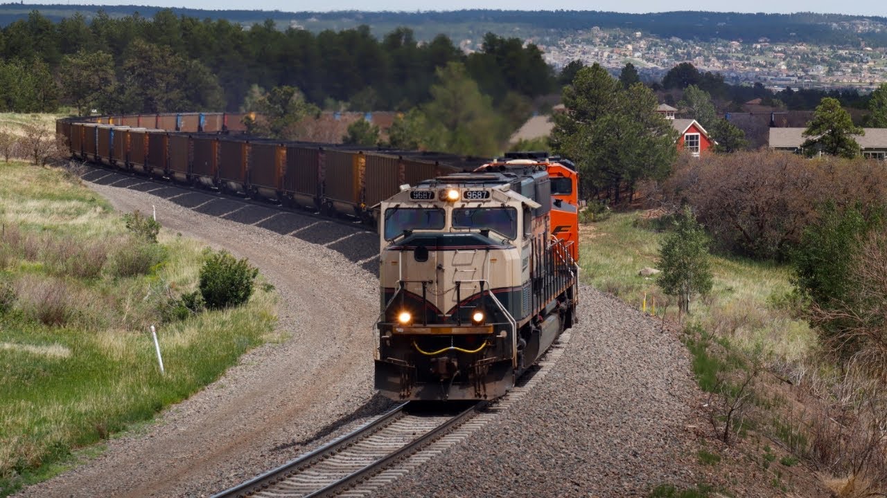 Ex Burlington Northern SD70MAC #9687 Leads a Northbound Empty coal train - YouTube