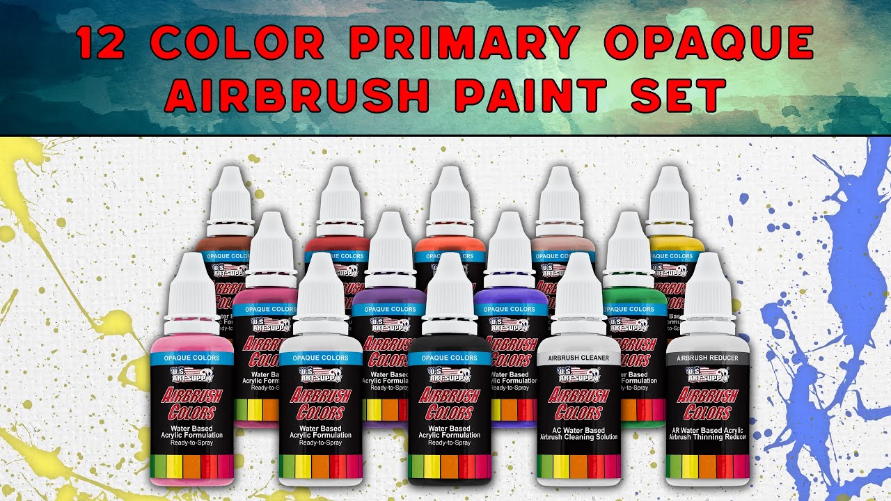 Airbrush Paint Set - 12 Color Primary Opaque with Reducer & Cleaner ...