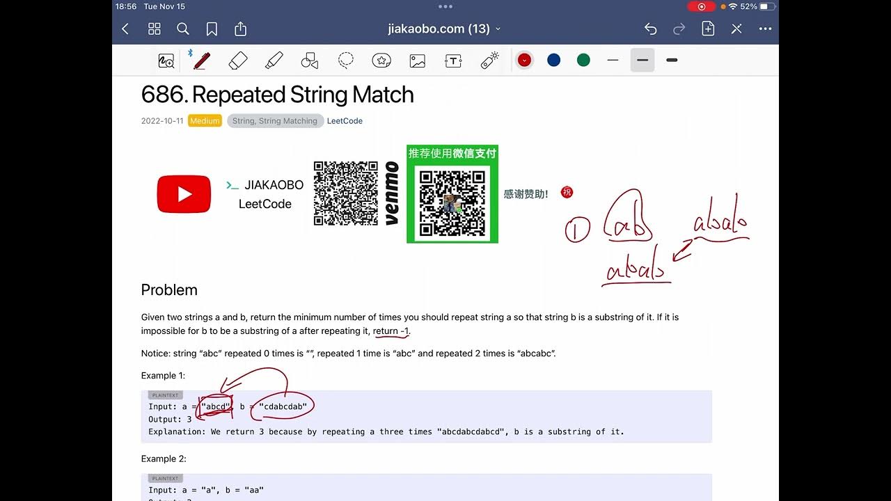 贾考博 Leetcode 686 Repeated String Match Youtube