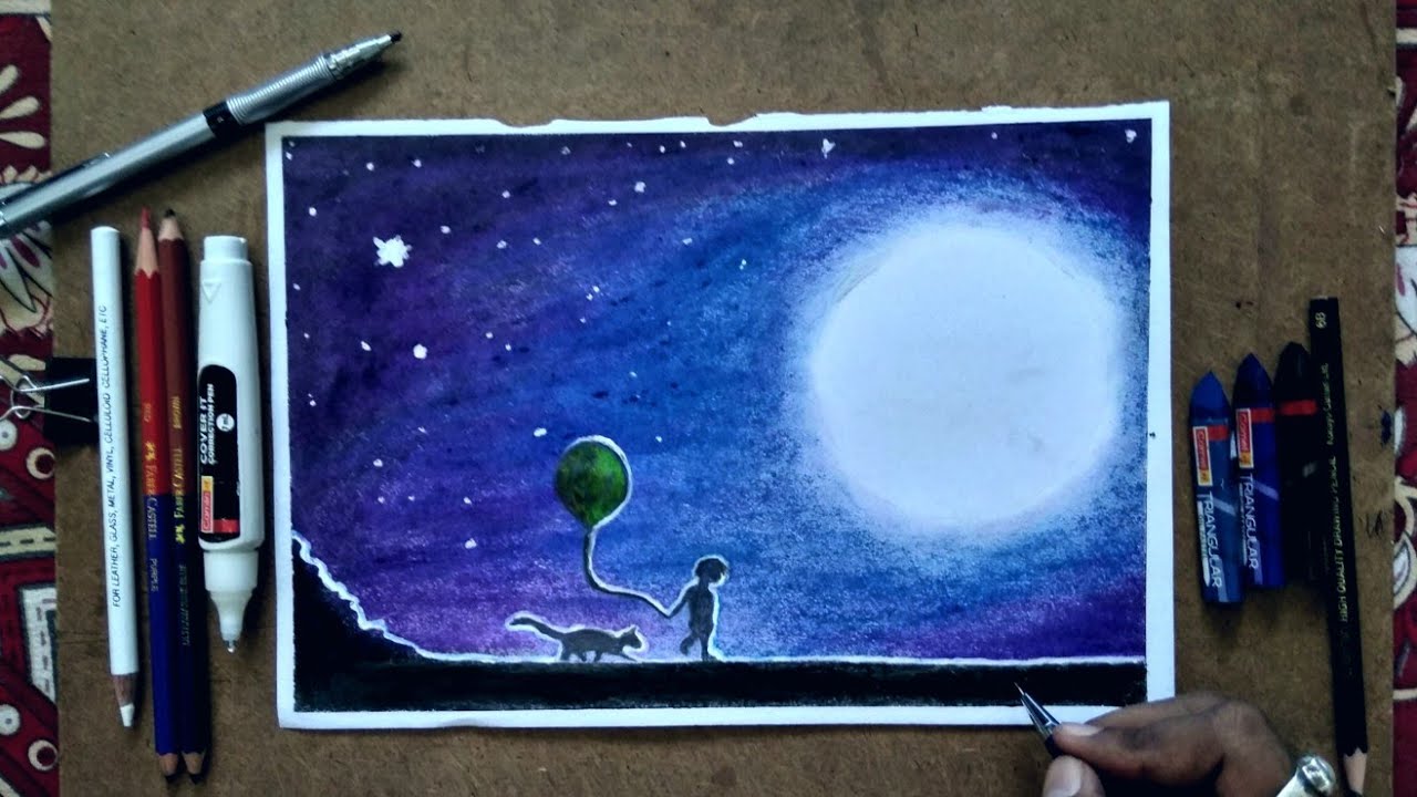 Oil pastel drawing at night | you and art |how to draw walking along at ...