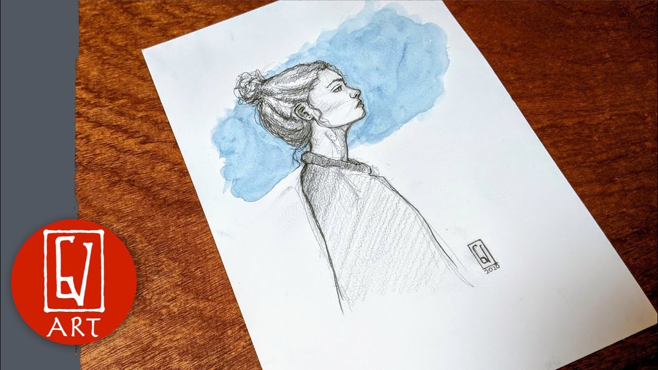 Drawing of a girl standing in the distance, lost in her thoughts (side ...