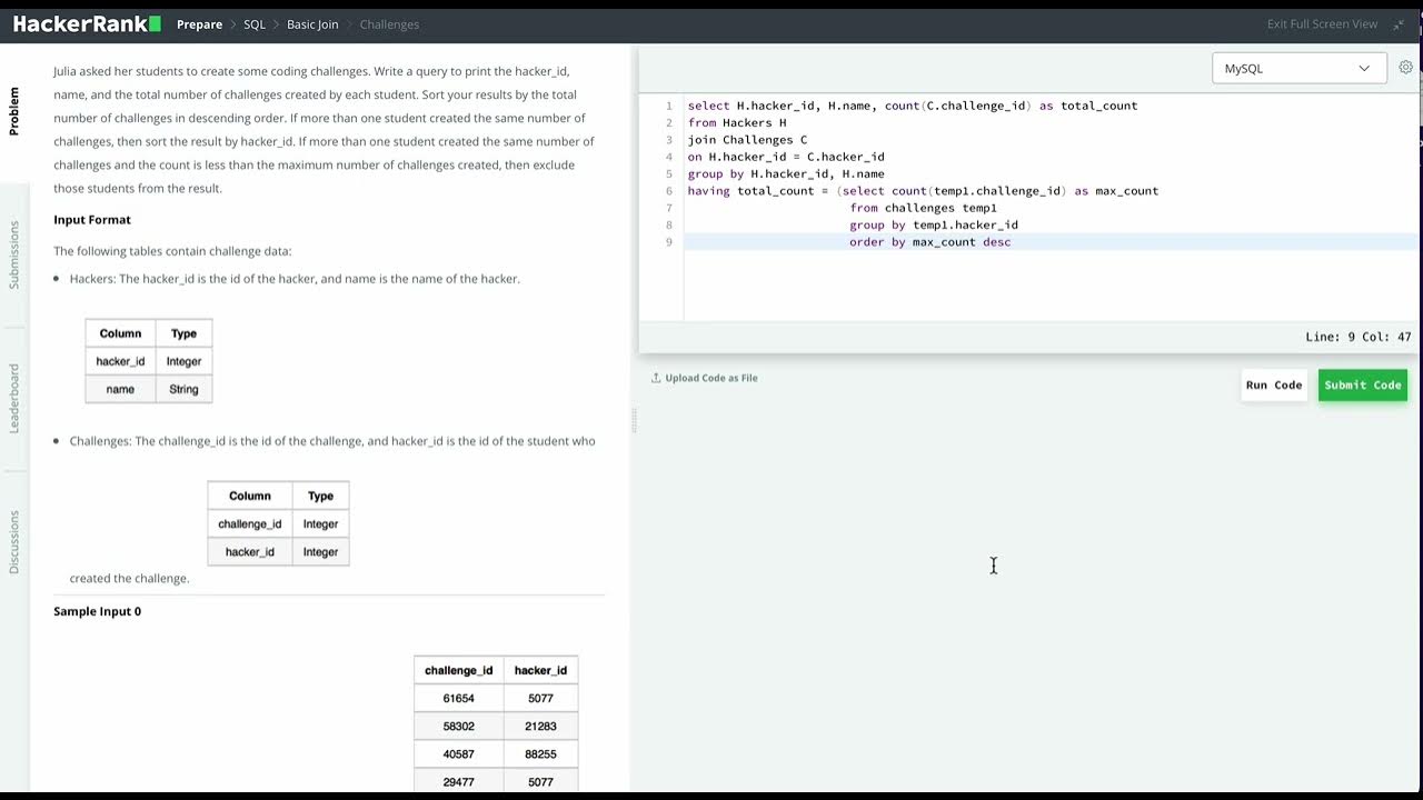 Hackerrank Sql Solution 8 Intermediate Sql Challenges Youtube