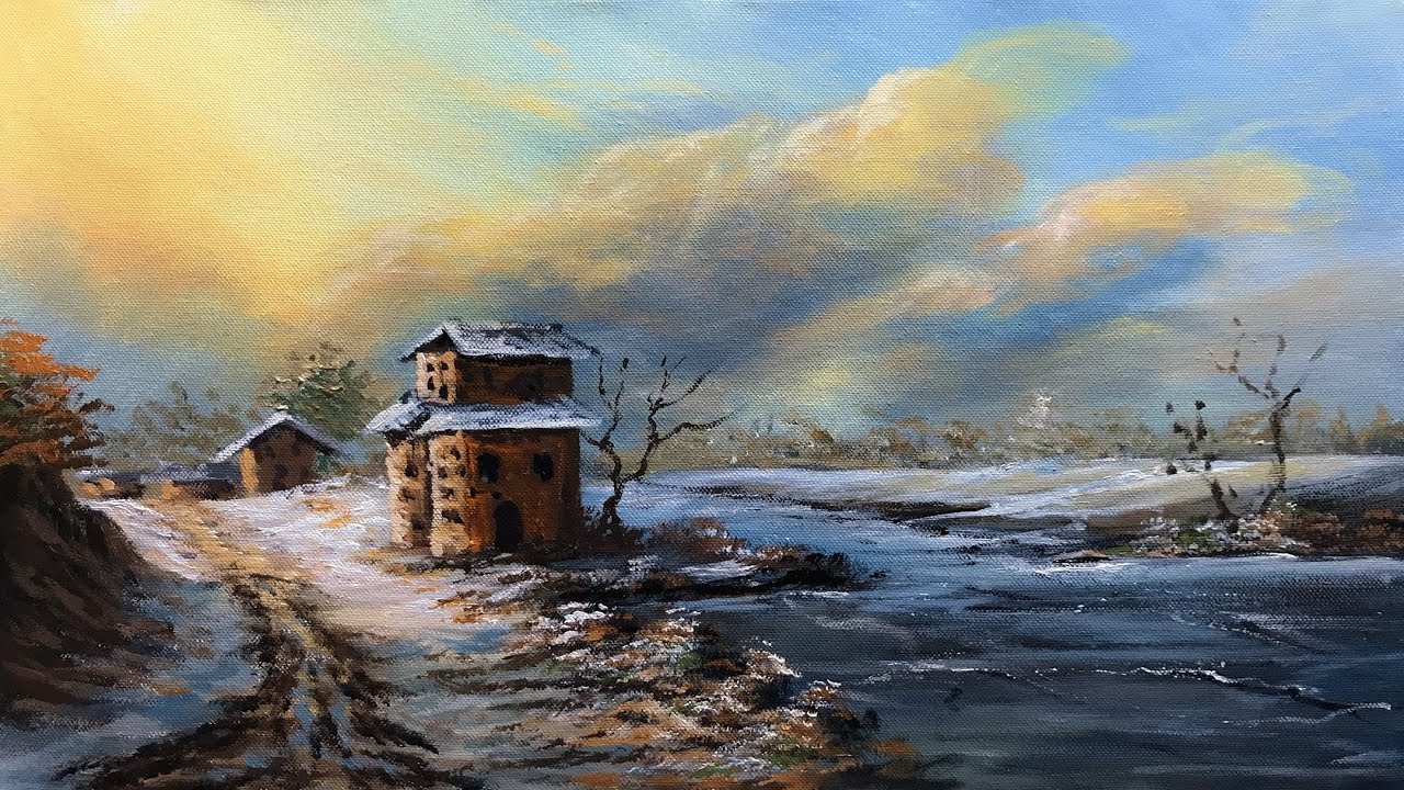 Snowy Winter Sunset Painting | Acrylic Landscape Paintings Tutorial ...