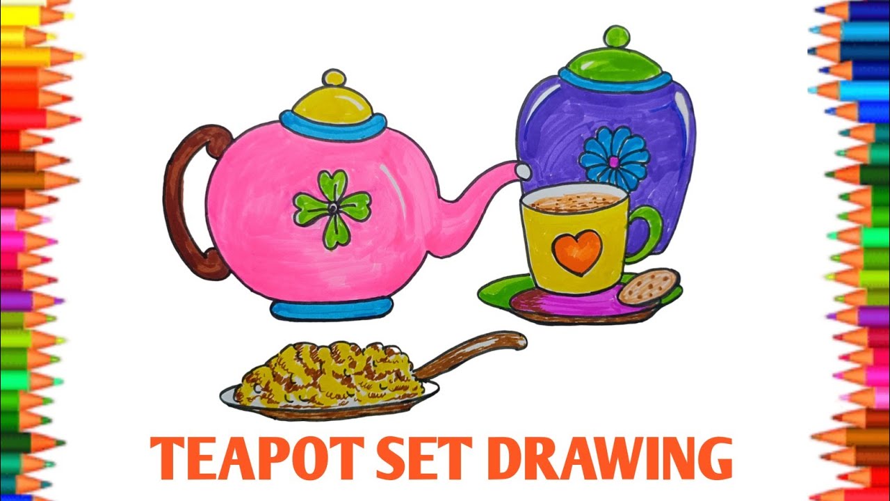How To Draw Teapot | Easy Cup Plate Set Drawing | Kettle With Snacks ...