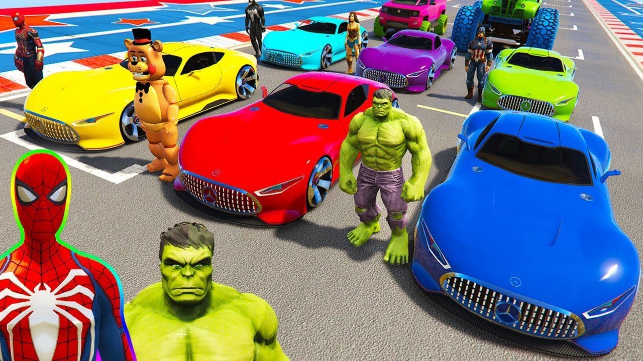SUPERHERO CARS Race on RIVER Ramp Challenge ! SPIDERMAN HULK Goku TANK ...