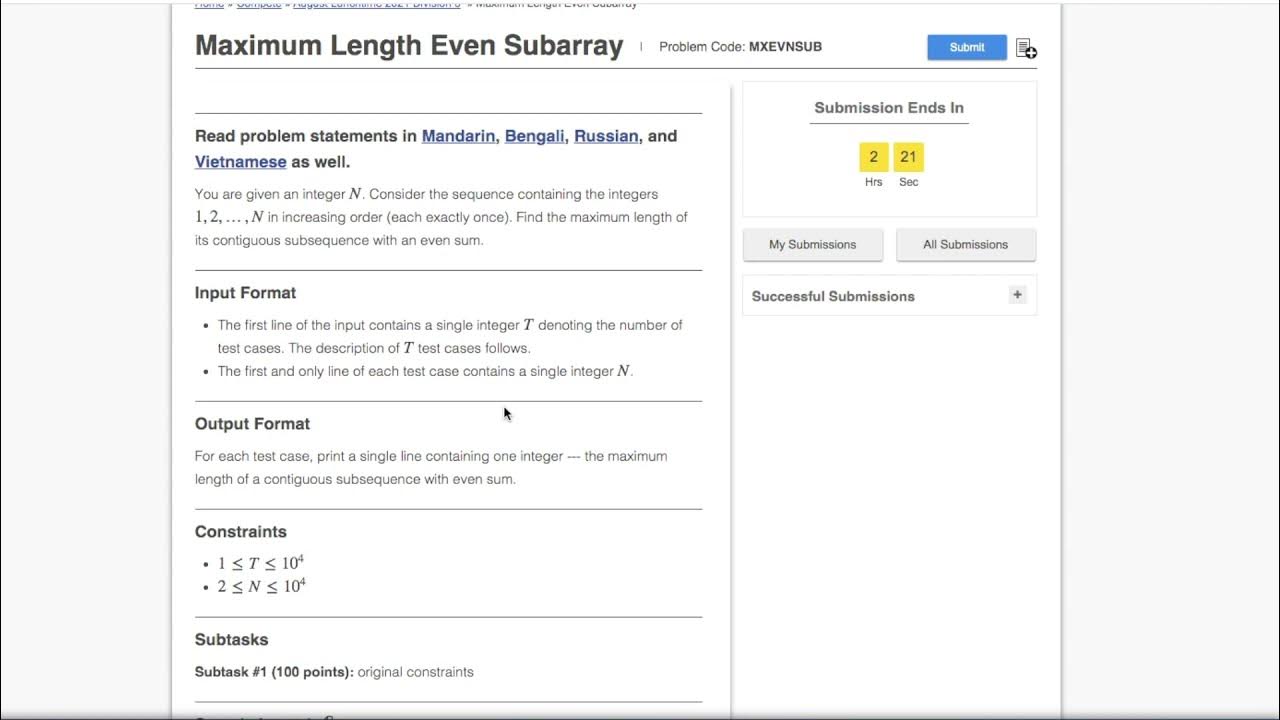 Maximum Length Even Subarray- Codechef Lunchtime - YouTube