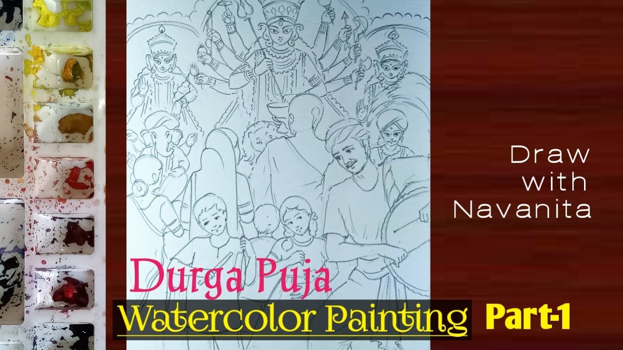 Durga Puja Drawing Step by Step -Part 1/ Outline drawing /Watercolor ...
