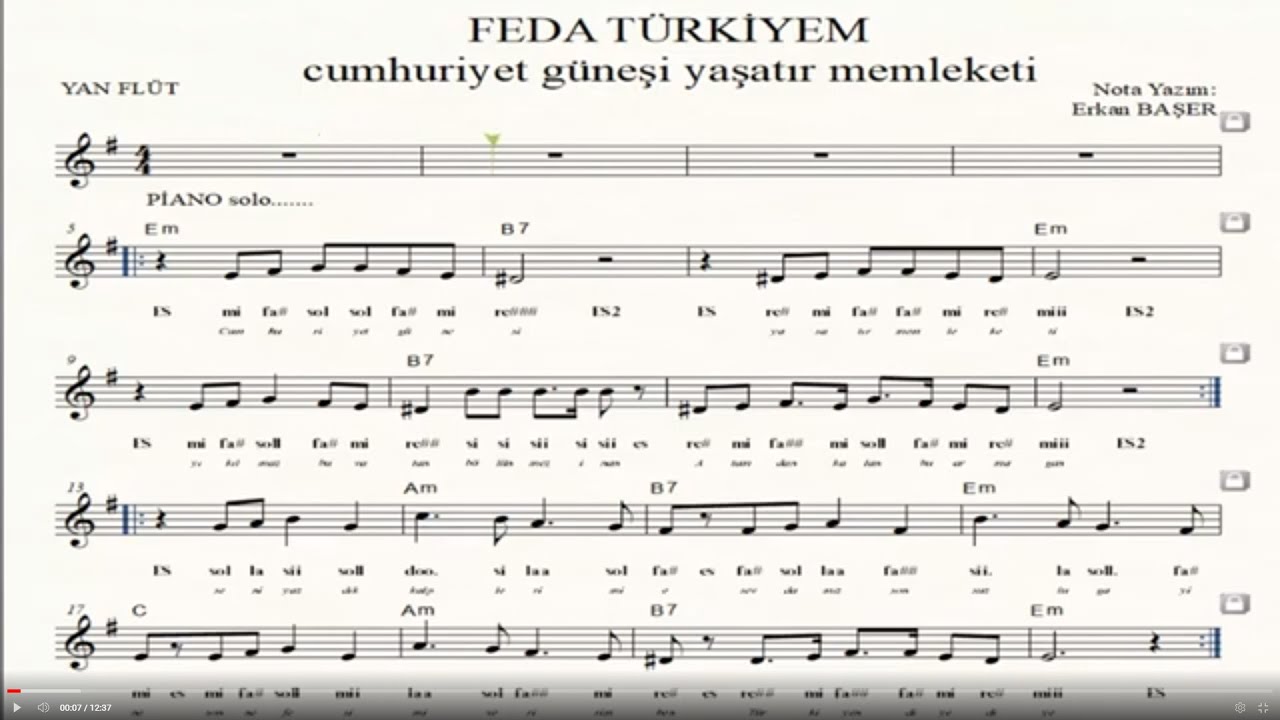 FEDA TÜRKİYEM (cumhuriyet güneşi yaşatır memleketi) YAN FLÜT notaları ...