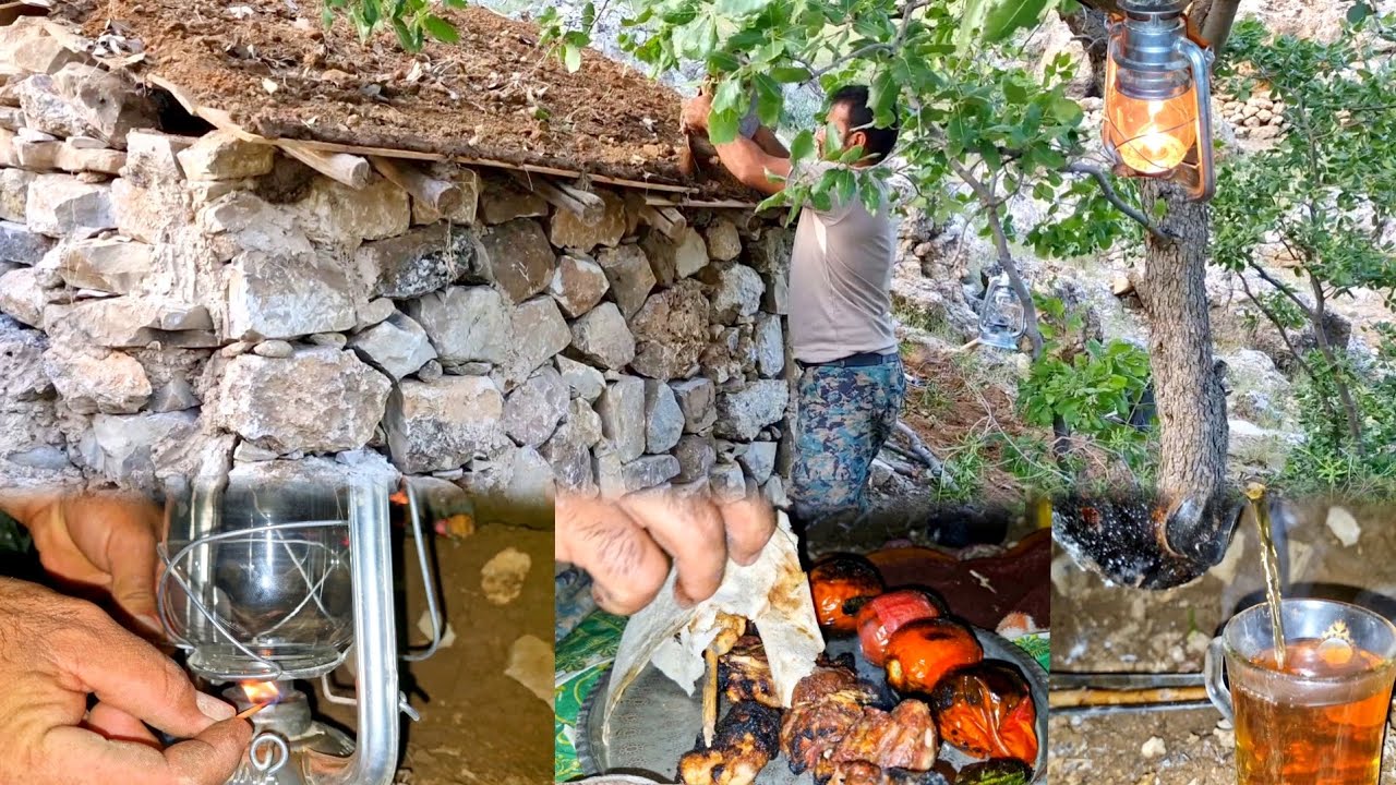 Building a stone hut in the forest and roasting lamb. peace of life ...