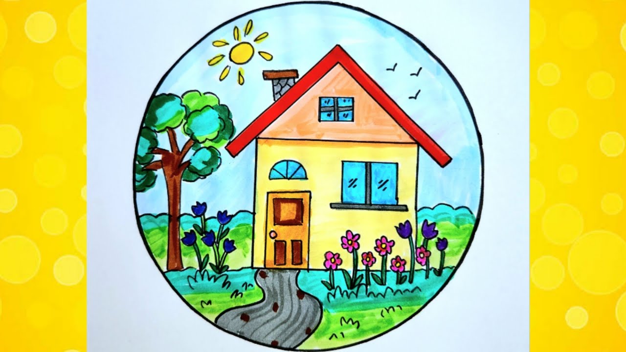 How to draw House scene / House drawing tutorial easy for beginners ...