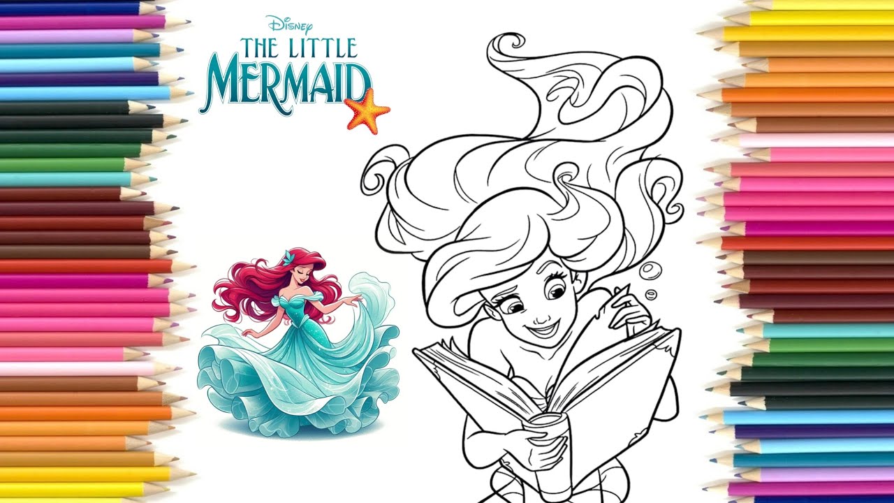 Coloring Princess Ariel reading a book | The Little Mermaid | Coloring ...