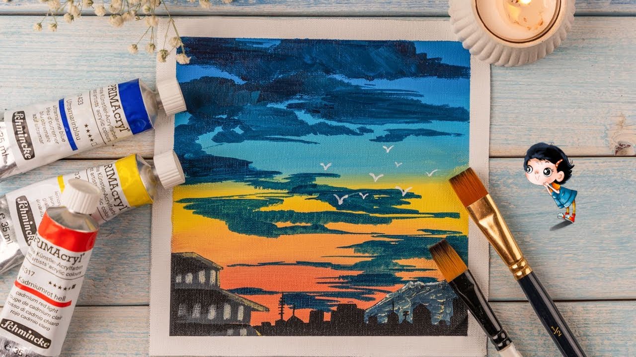 Acrylic Silhouette Cityscape: Sunset Over Buildings | Step-by-Step ...