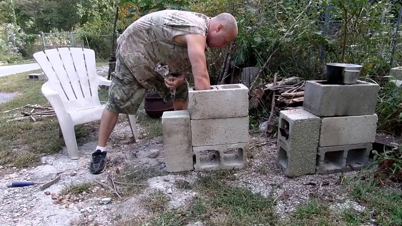Four block rocket stove with the Driveway Primitive - YouTube
