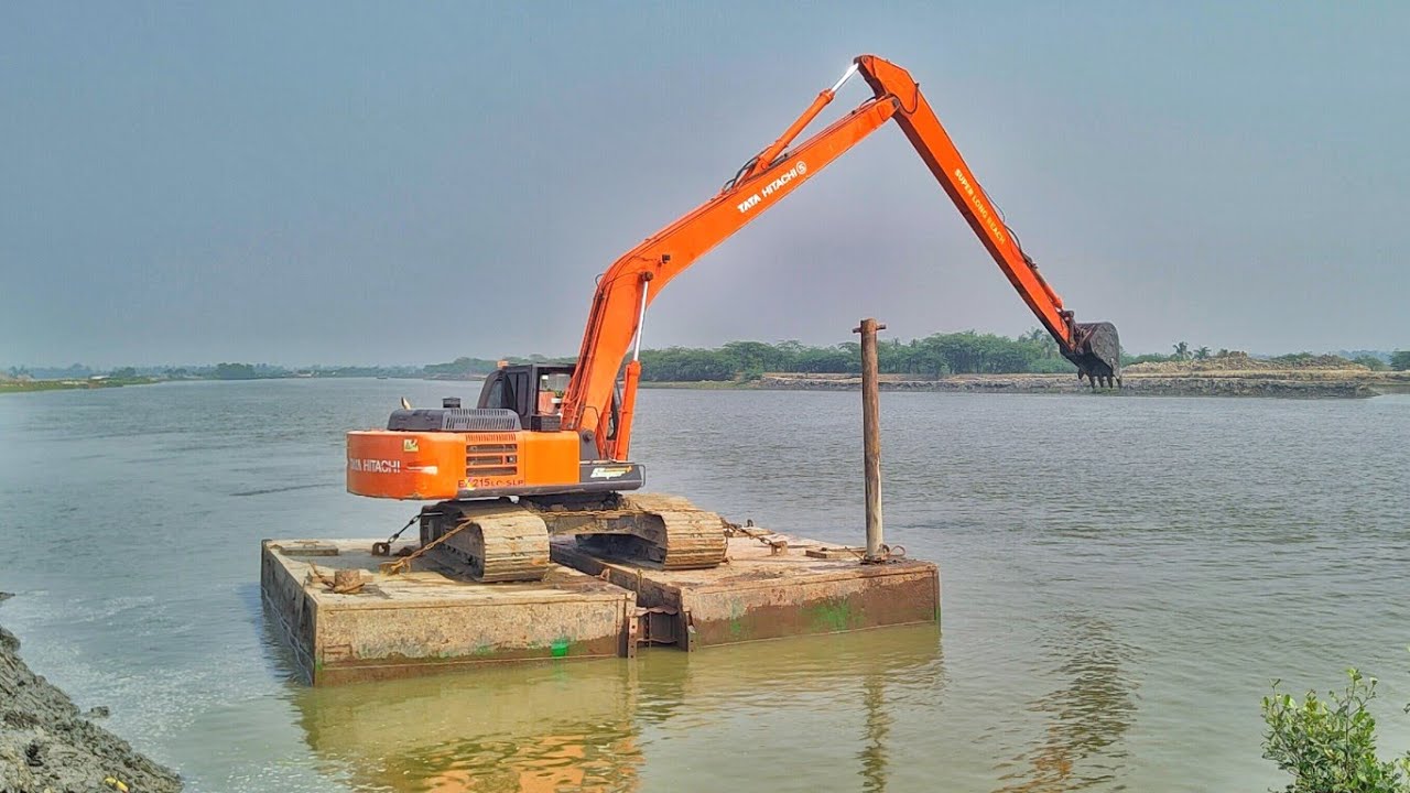 TATA HITACHI EX 215 Long Reach Floating pontoon Excavator Digging The ...
