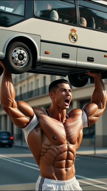 Muscular Cristiano Ronaldo lifts a bus up! - YouTube