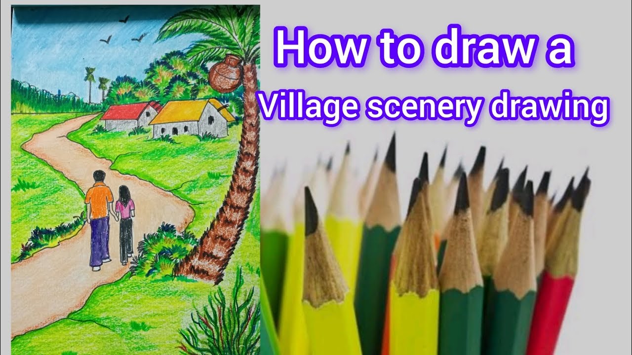 how to draw a village scenery drawing easy step by step// village ...
