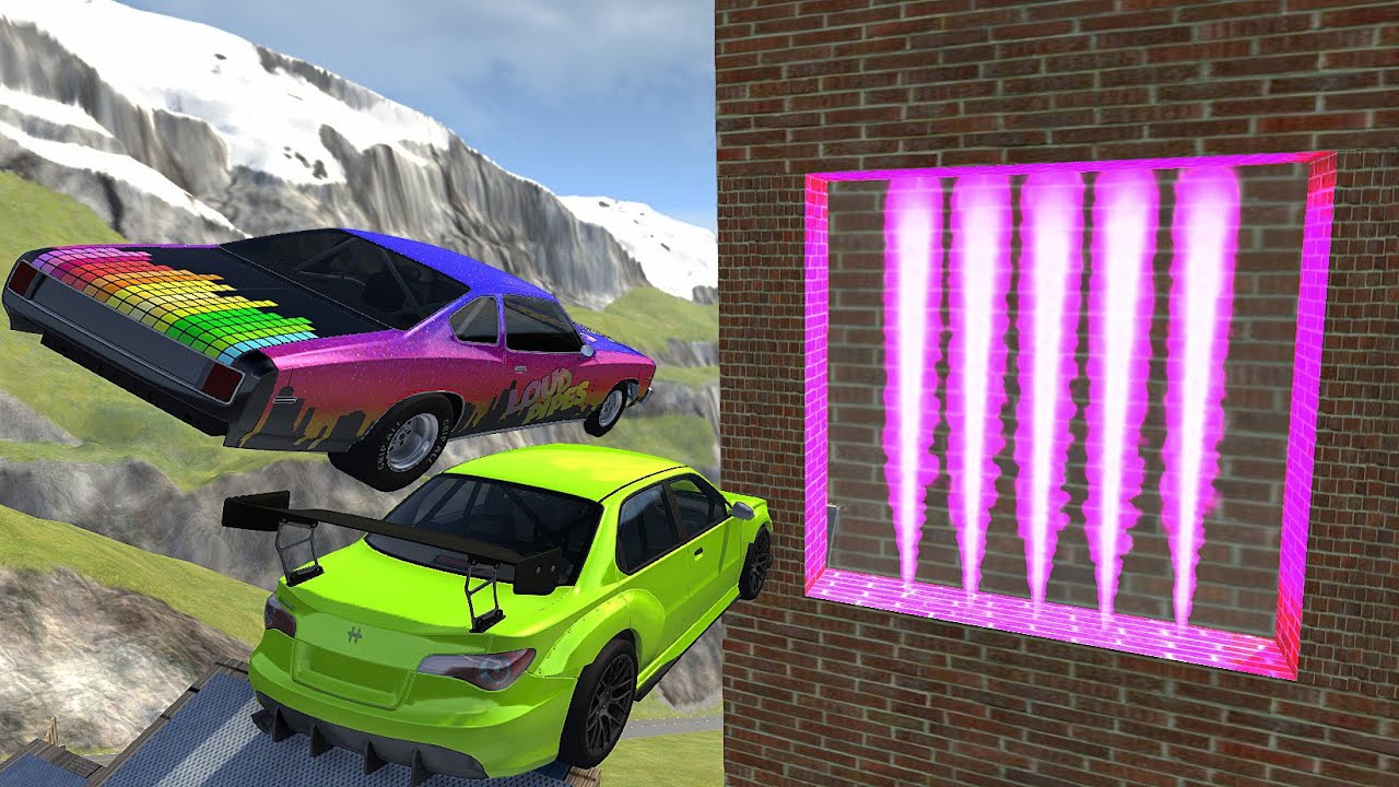 Crazy Vehicle High Speed Jumping Through Purple Fire Wall In Green ...