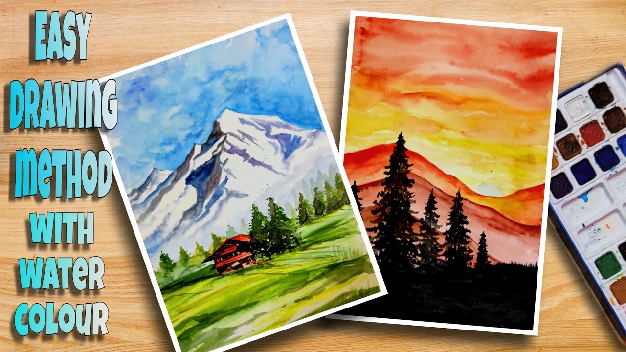 Easy mountain scenery drawing with water colour | easy evening scenery ...