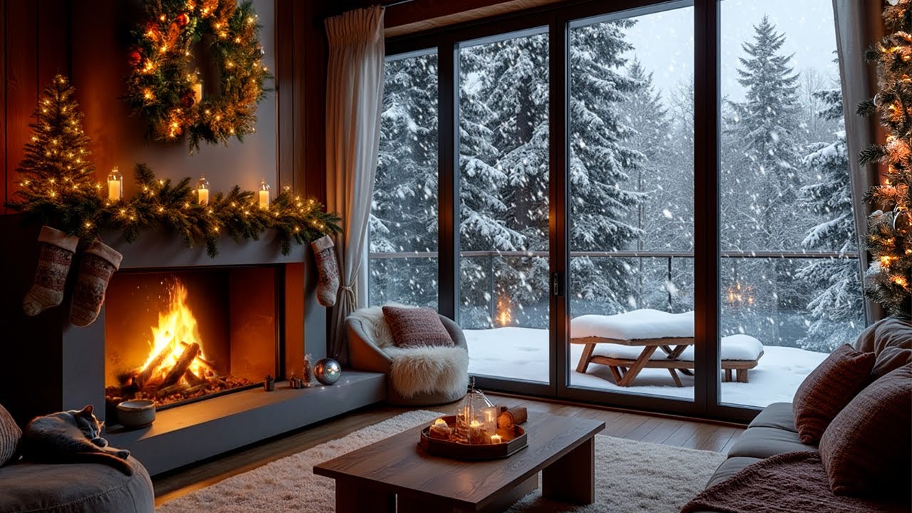Luxury Living Room Ambience 🔥 | Crackling Fireplace with Stunning View ...