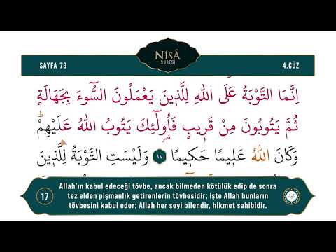 Diyanet Ok Takipli Hatim 4. Cüz - Kur'an-ı Kerim 79. Sayfa - Nisâ Suresi 15-19. Ayetler