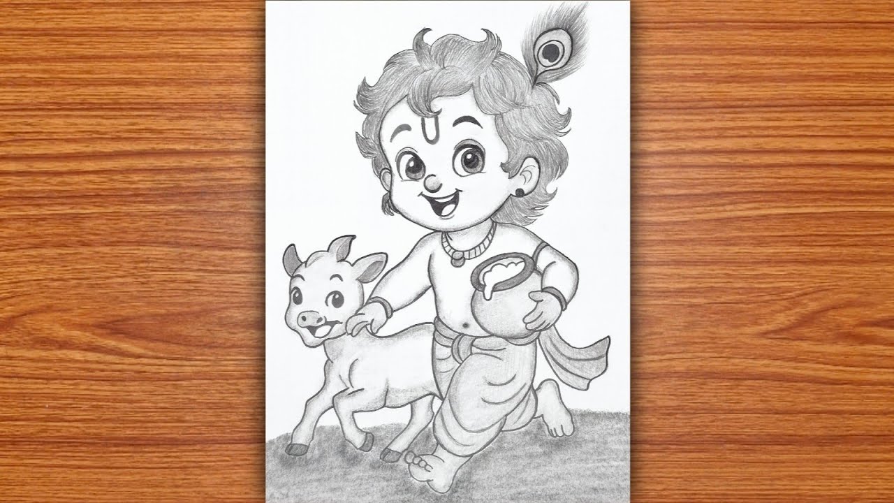 How to Draw Cute Bal Krishna | Step by Step | Trending Pencil Sketch ...